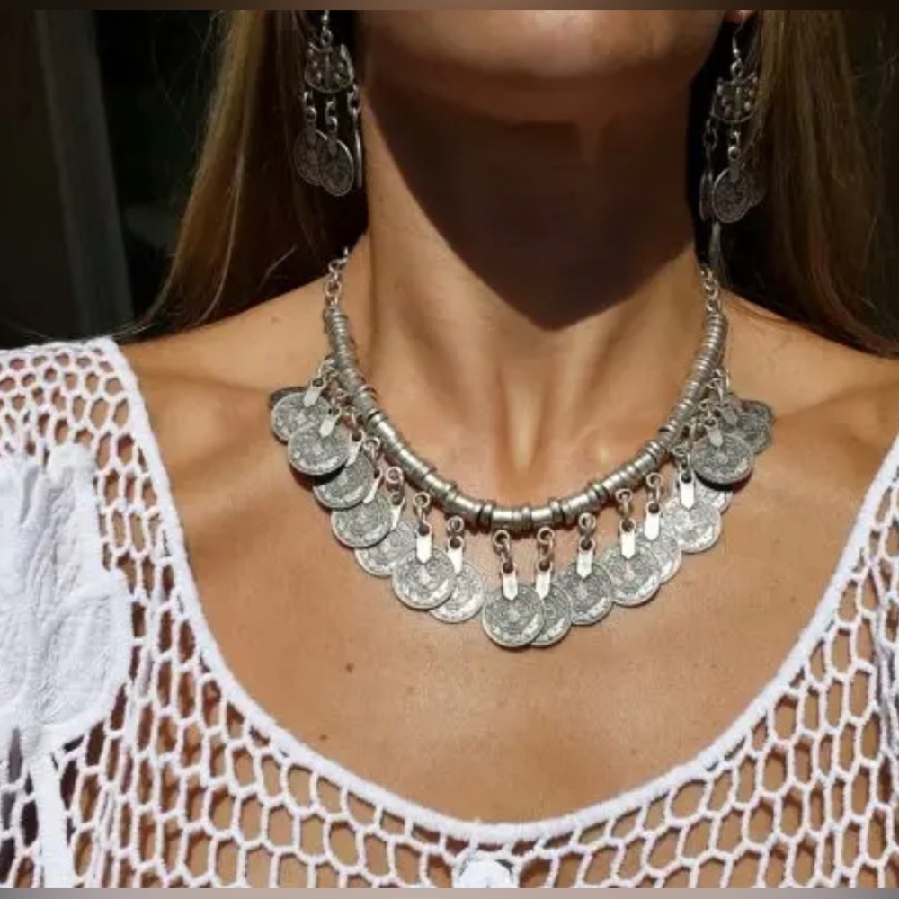 Bohemian | Gypsy | Metal Coin Necklace - Gem